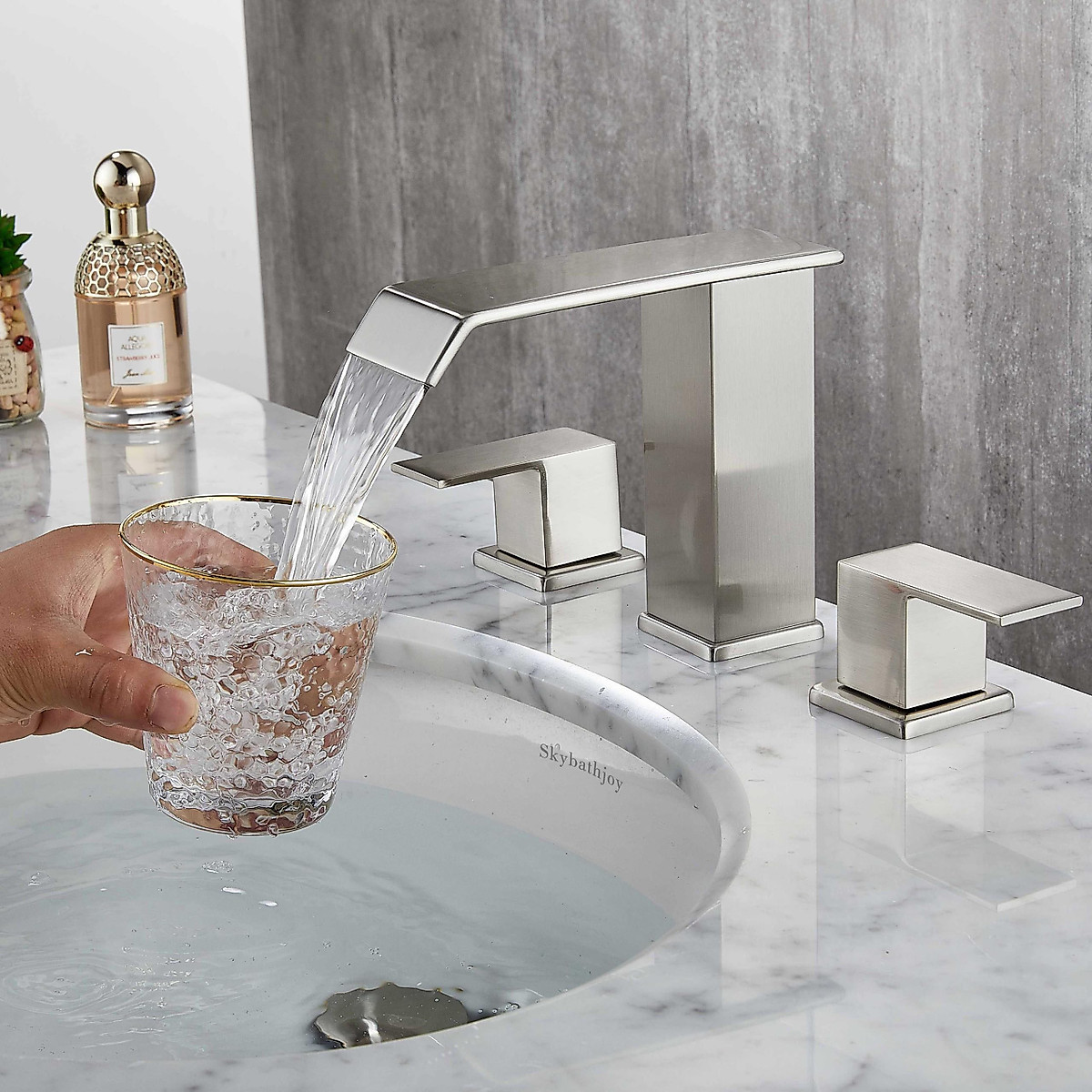 Skybathjoy Bathroom Faucet 3 Holes 8 Inch Two Handles Lavatory Vanity Sink Faucet Widespread Bathroom Sink Faucet, Waterfall Bathroom Sink Faucet with Pop up Drain&Supply Hoses