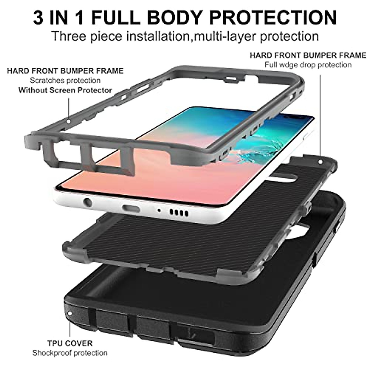 HONG-AMY for Galaxy S10 Plus Case, S10 Plus Case with Self Healing Flexible TPU Screen Protector [2 Pack], 3 in 1 Full Body Shockproof Heavy Duty Case for Samsung Galaxy S10 Plus (Black/Grey)