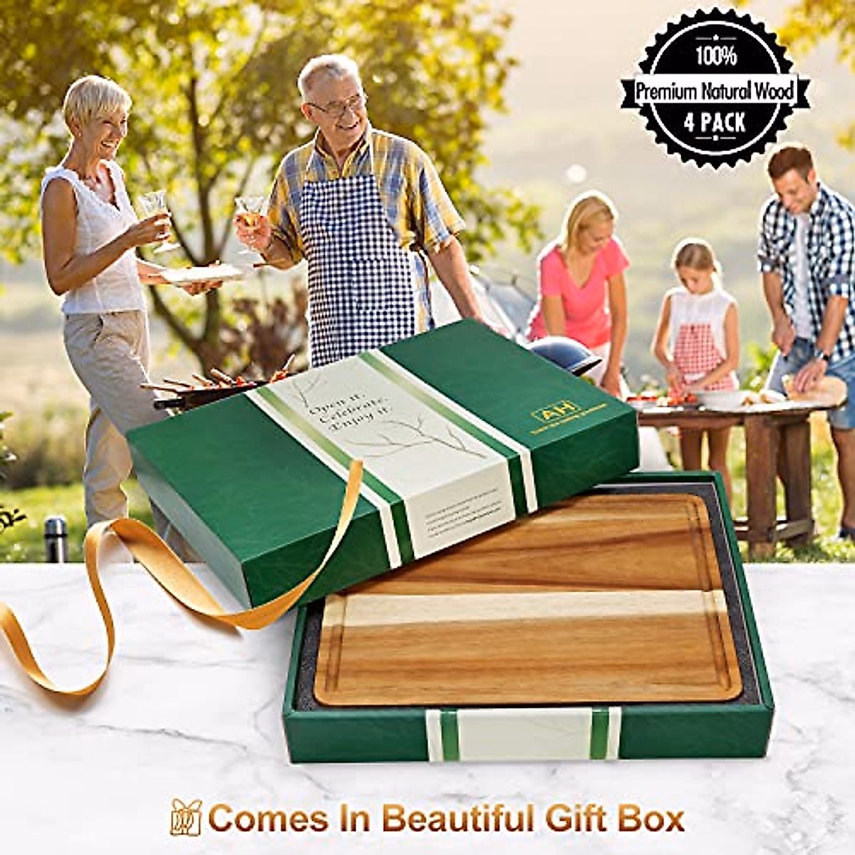 AZRHOM Large Wood Cutting Boards Set of 4 for Kitchen Cheese Charcuterie Board (Gift Box Included) Acacia Butcher Block with Non-slip Mats, Juice Groove and Handles (16x12, 14x10, double 11x8 inch)