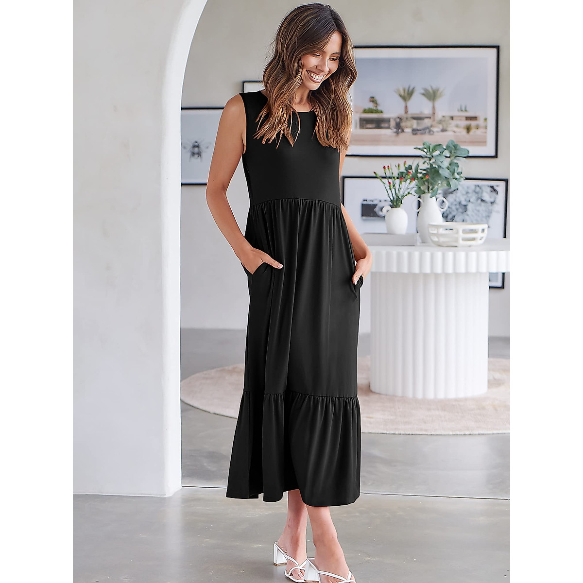 ANRABESS Women Summer Casual Sleeveless Crewneck Sundress Aline Flowy Tiered Maxi Long Beach Dress Vacation Outfits Medium Black