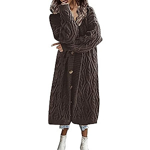 Mensch Women's Long Cardigan Sweaters Hooded Open Front Cable Knit Chunky Sweater Coats Waffle Outwear with Pockets