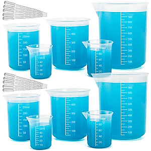 Plastic Beakers Set, 20 Pcs Plastic Measuring Beakers and Droppers, 10 Pcs Clear Measuring Graduated Liquid Container Beakers in 50/100/250/500/1000ml with 10 Pcs Thickened Plastic Droppers in 3ml