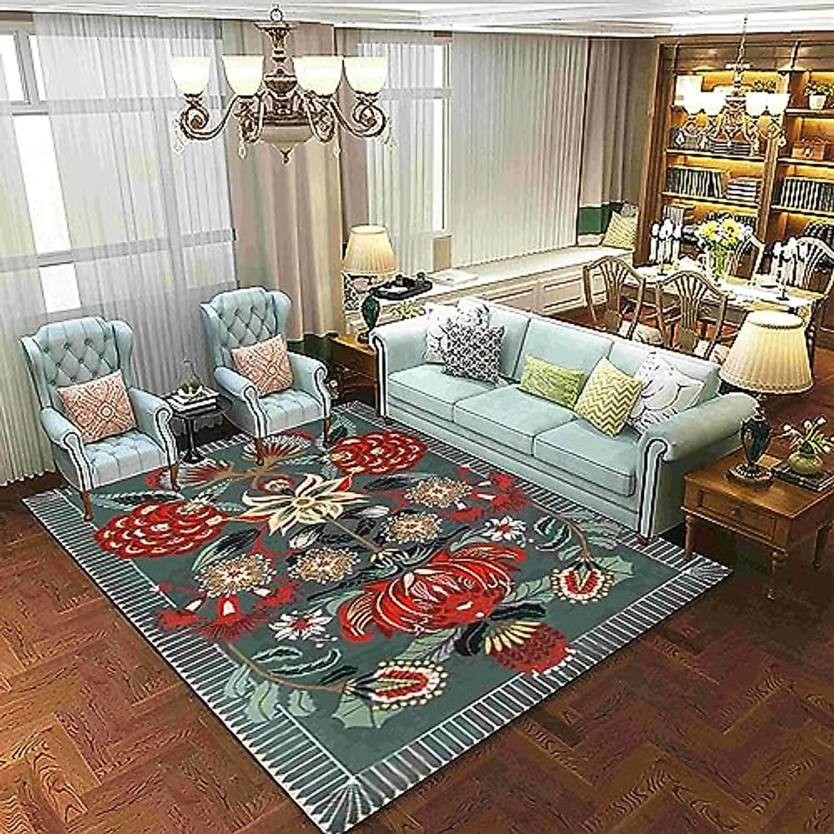 Country Style Area Rugs, 5x7ft, Modern Farmhouse Red Flowers and Green Leaves Traditional Art Rug Non-Slip Low-Pile Dining Room Mat Indoor Accent Carpet for Office Home