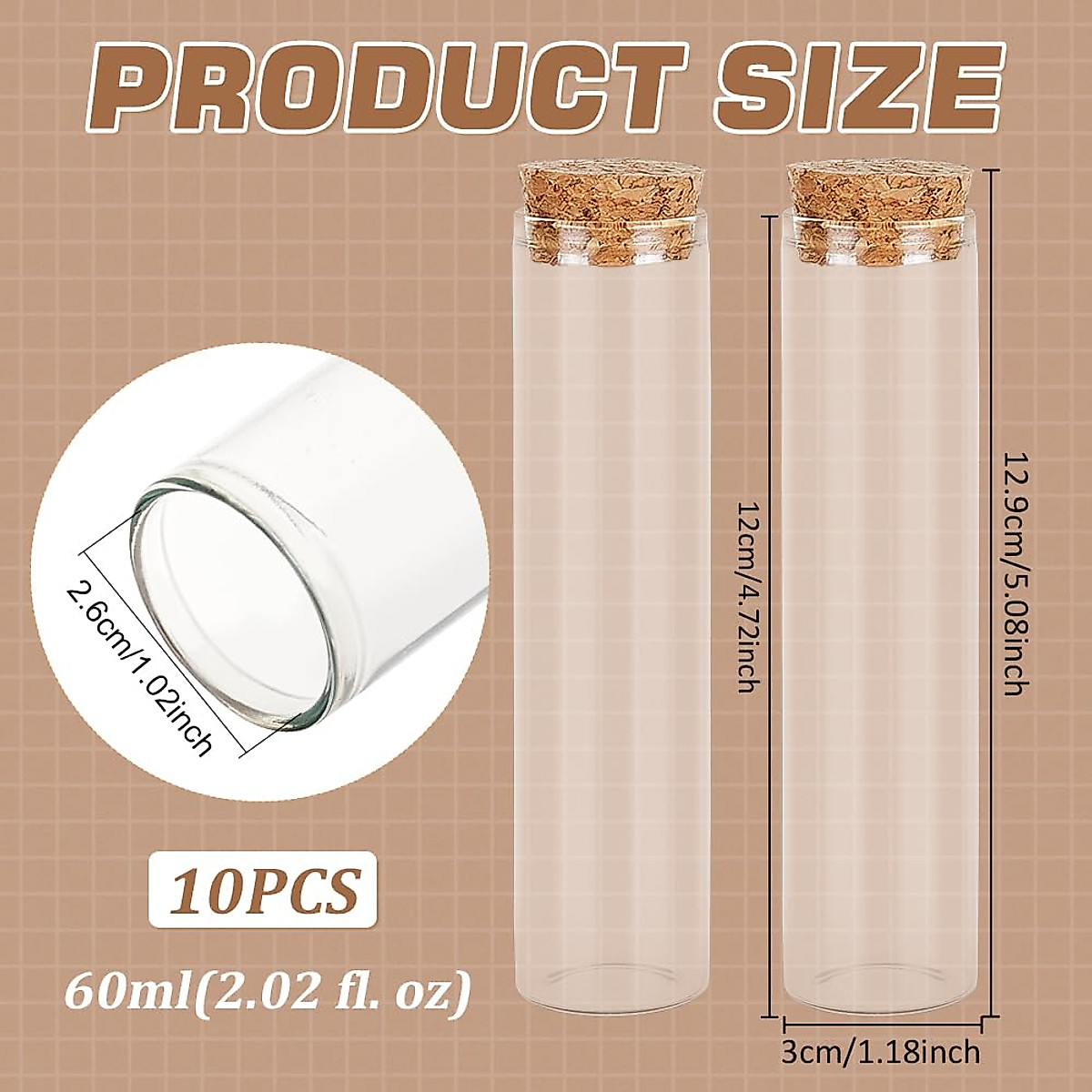 BENECREAT 10 Pack 60ml Glass Test Tube with Cork Stopper Clear Flat Mini Glass Bottles Jars for Wedding Party Favors, Candy, Spices, Beads, Mother's Day Home Decor