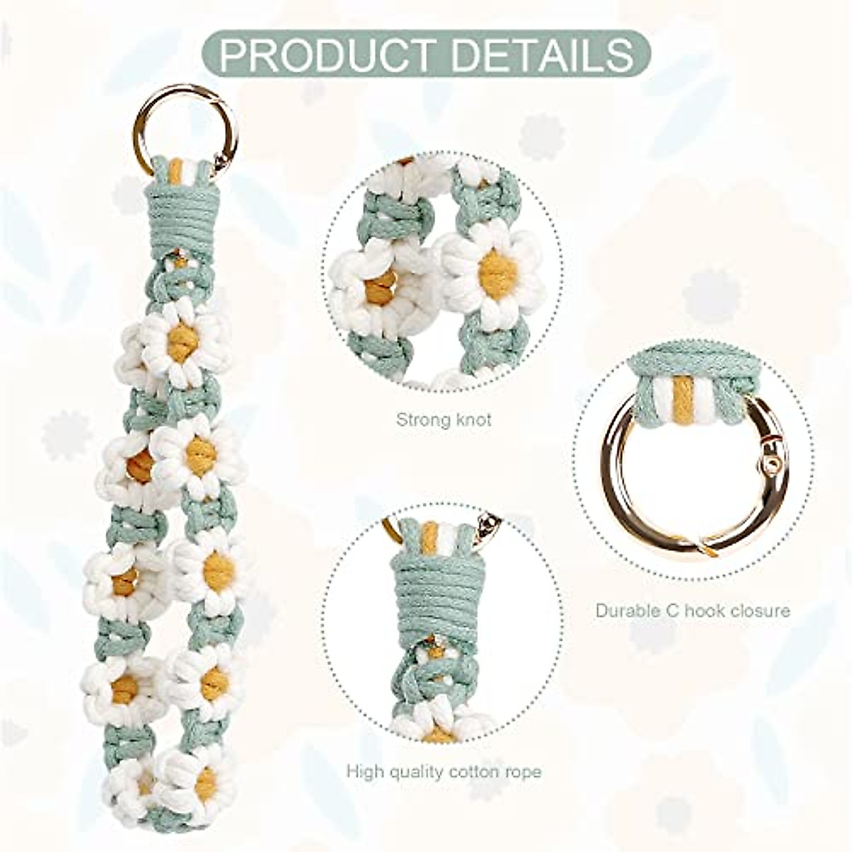 elephtree Boho Macrame Keychain Wristlet Keychain Weave Exquisite Keyring Holder Bracelet Handmade Wrist Lanyard Flower Pattern for Women