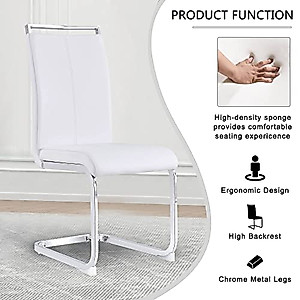 Pvillez 5 Pcs Dining Table Set, 63" Modern Grey Imitation Marble Grain Rectangular Dining Table & 4 C-Shaped Tube Chrome PU Faux Leather Upholstered White Dining Chairs for Dining Room Living Room