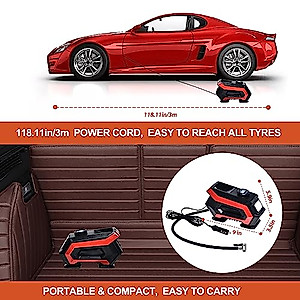 CarCome Portable Tire Inflator, Powerful 150 PSI Air Compressor with Digital Pressure Gauge and Emergency LED Light, Ideal for Cars, Bikes, Balloons (Red)