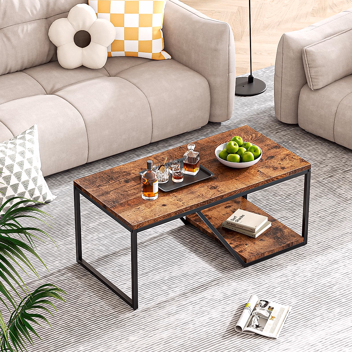 2-Tier Industrial Rectangle Rustic Coffee Table for Living Room Small Spaces, Living Room Center Table with Storage Shelf and Stable Metal Simple Modern Open Design, Easy Assembly, Adjustable Feet