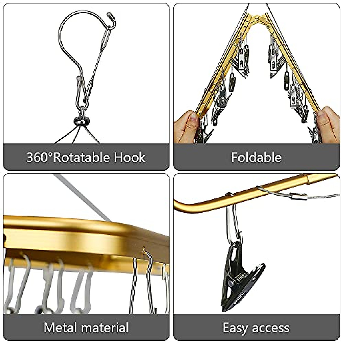 KANGCAI Socks Hanger 42 Clips Drip Hangers Clothes Drying Rack herb Drying Rack tendederos de ropa para secar Foldable Hanging Racks for Laundry Racks Apartments (Gold)
