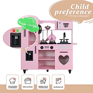 TaoHFE Wooden Play Kitchen Kids Kitchen Playset Toy Kitchen Sets for Girls Gift Kids Kitchen Playset Pink Toddler Kitchen for Kids Age 3+ Pretend Play with Lights & Sounds (Pink)