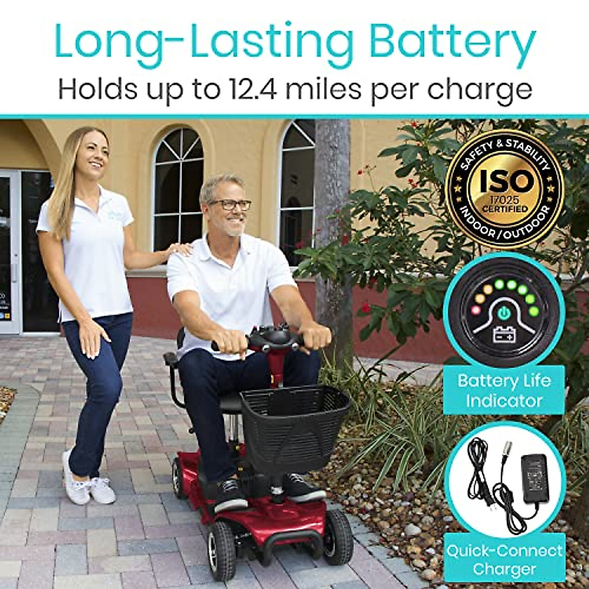Vive 4 Wheel Mobility Scooter - Electric Powered Wheelchair Device - Compact Heavy Duty Mobile for Travel, Adults, Elderly - Long Range Power Extended Battery with Charger and Basket Included