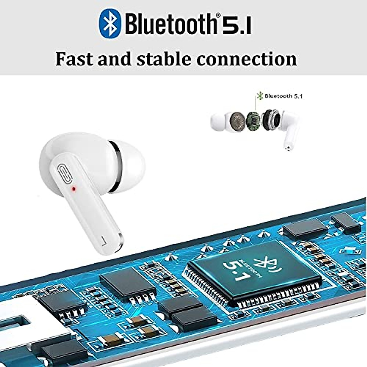 Wireless Earbuds Bluetooth 5.1 Headphones Built in Mic in Ear Bud Noise Canceling 3D Stereo Air Buds Earbuds Fast Charging, IPX5 Waterproof for iPhone and Android