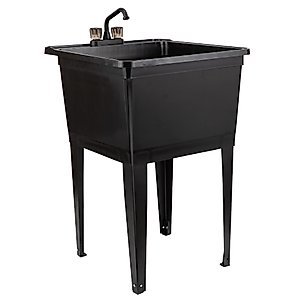Tehila Basics by JS Jackson Supplies 21-Gallon Black Freestanding Utility Sink with Black 2-Handle Faucet, Heavy Duty Plastic Laundry Tub with Adjustable Legs