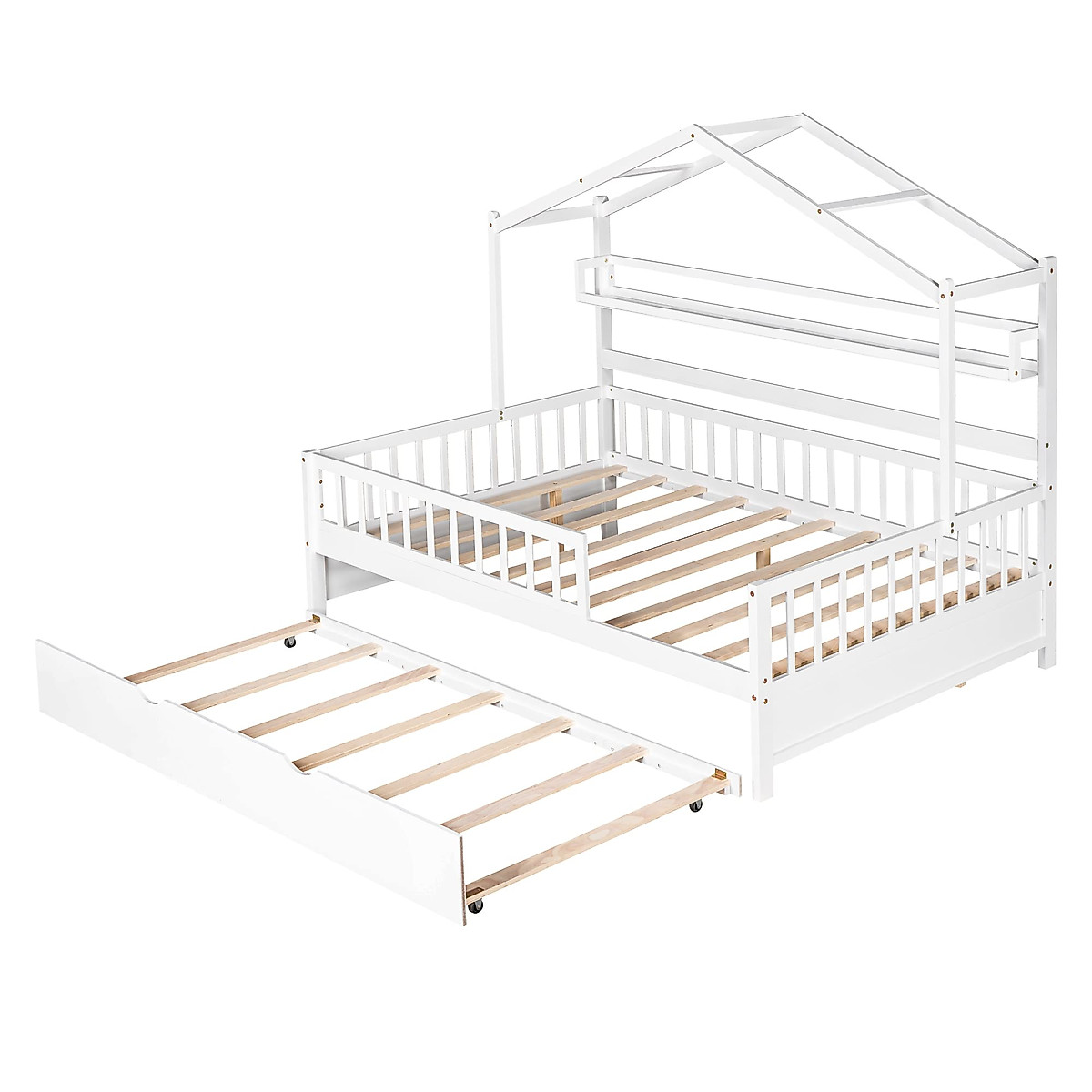 Merax Full Size House Bed with Trundle, Wooden Full Size Platform Bed Frame with Shelf, No Box Spring Needed, White