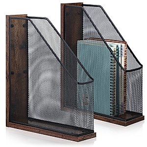 Perkoop 2 Pcs Mesh Magazine File Holder Metal Wooden Magazine File Holder Antique Mesh Wire File Organizer Desktop Magazine Rack Metal Desk Organizer for Document Folder School Office File Storage