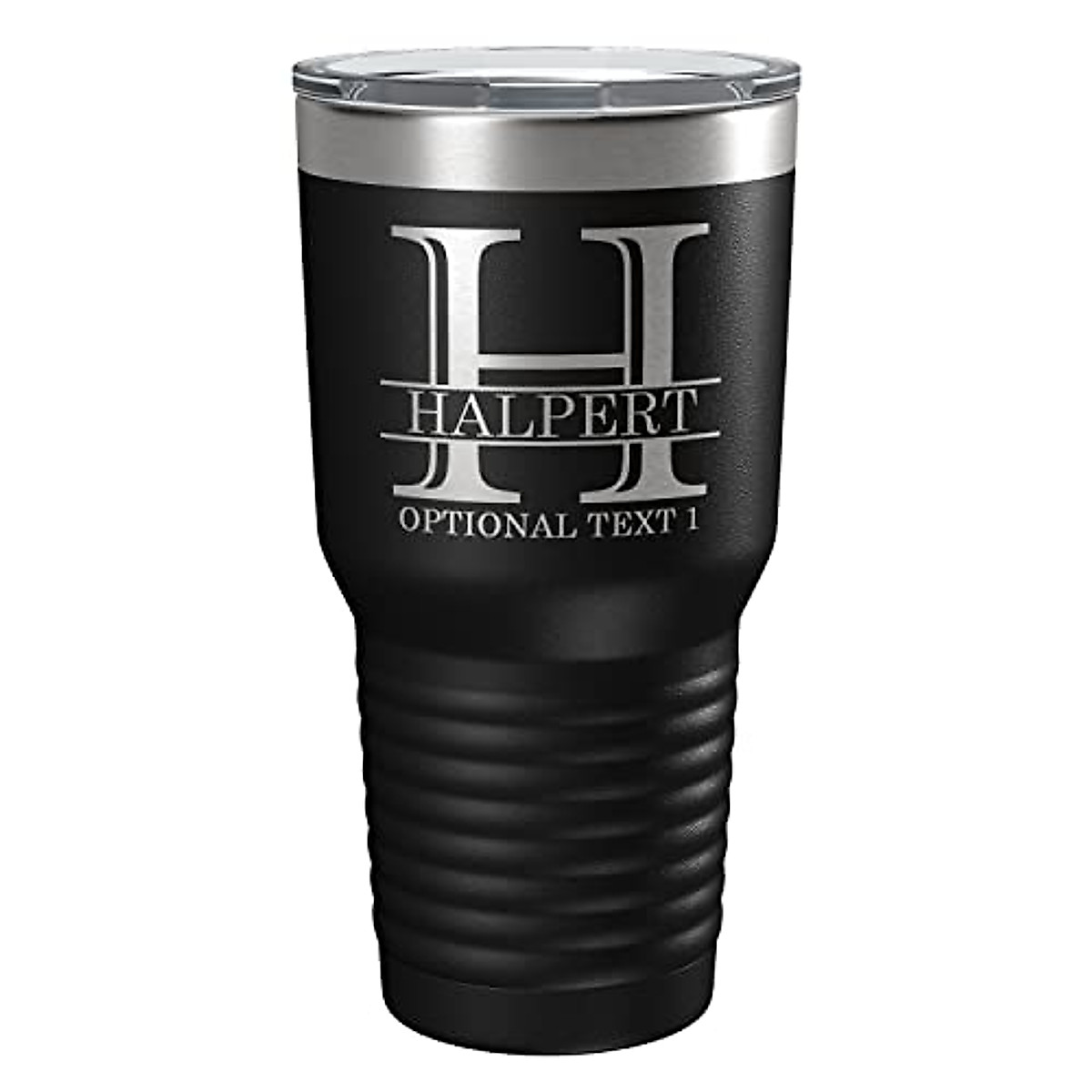 Personalized 30oz (17 Colors) Powder Coated Insulated Stainless Steel Tumbler with Lid, Custom Etched, Customized Engraved Gift Idea for Women Men Her Him, Halpert Monogram Initial Name (Black)