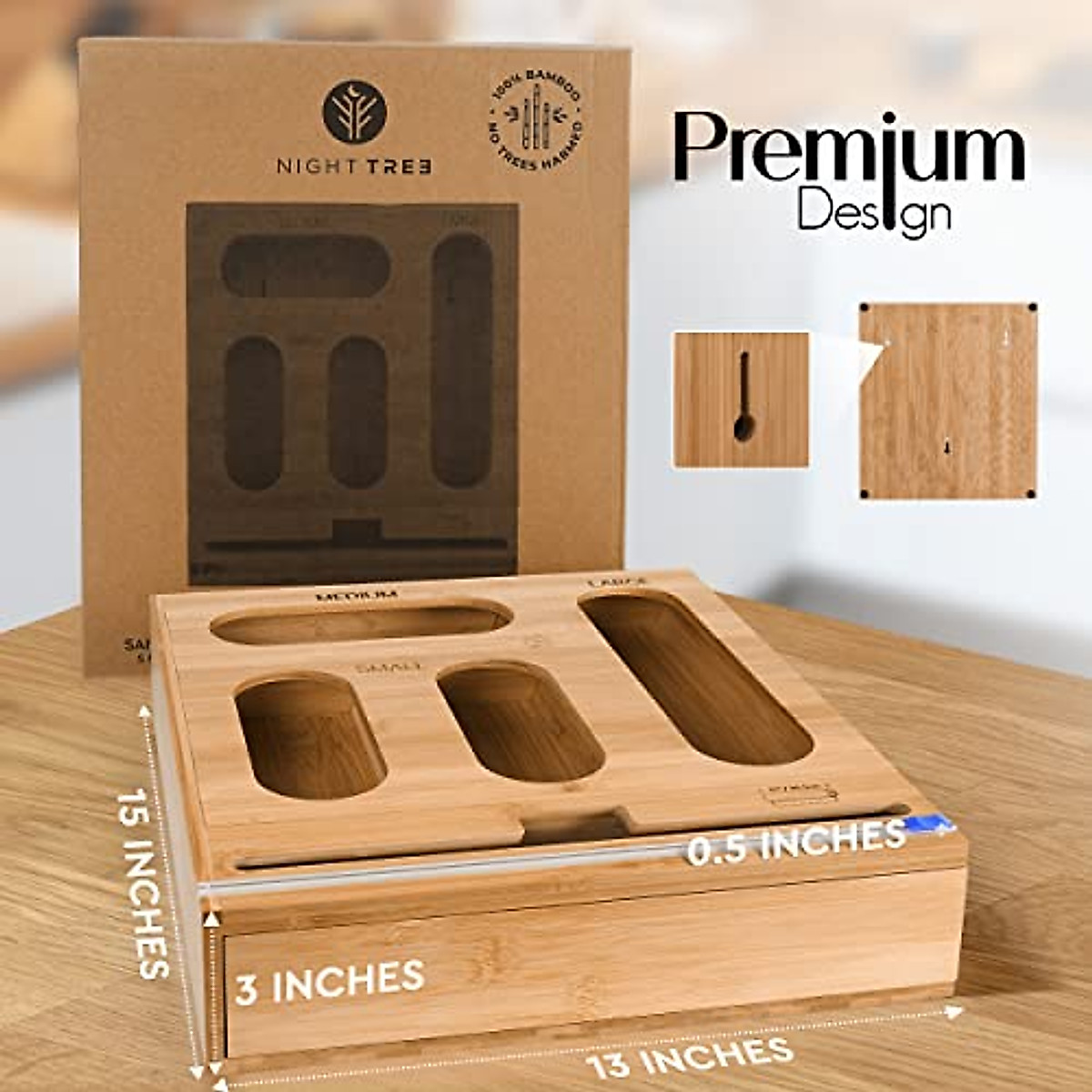 Night Tree Plastic bag storage organizer - Ziplock Sandwich bag organizer for kitchen plastic bag storage or Wall Mount - 5 in 1 Includes Plastic Wrap or Foil dispenser with Cutter