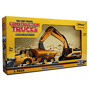 Top Race Construction Toys Set - Metal Excavator Toy, Dump Truck Toy for Kids - Realistic Toy Trucks with Moving Parts for Indoor, Outdoor Play - Durable Construction Vehicles for Boys and Girls