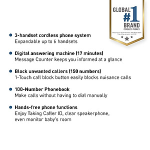 Panasonic Expandable Cordless Phone System with Answering Machine and Call Block - 3 Cordless Handsets & Additional Cordless Phone Handset for use with KX-TGD63x Series Cordless Phone Systems