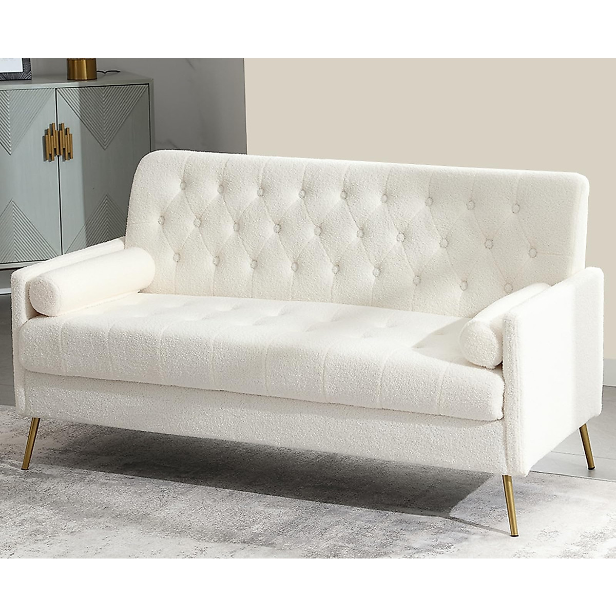 Guyou 60'' Loveseat Sofa Couch, White Sherpa Upholstered 2-Seat Love Sofa Chair with Arms for Living Room Tufted Small Couch Sofa with Removable Cushion and Gold Legs