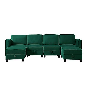 Lepfun 116'' Modular Sectional, U-Shaped Velvet, Minimalist Convertible Modern 6-Seat Couch with Chaise Ottomans Living Room Sofa Sets for Office Apartment (Green)