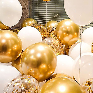 White and Gold Confetti Latex Balloons, 50 Pack 12 inch gold and white Party Balloons with Ribbons for Birthday Graduation Wedding Bridal Shower Party Decoration