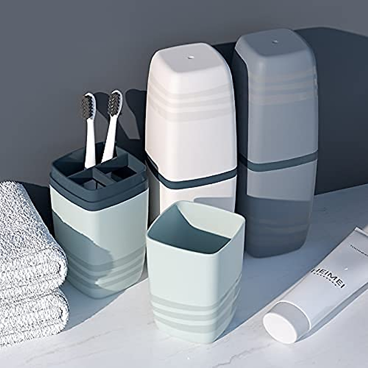 Portable Travel Toothbrush Case, 3 in 1 Toothpaste Holder with Cover, Multi-Functional Wash Cup Container for Traveling, Camping, School, Business Trip (Powder Blue)