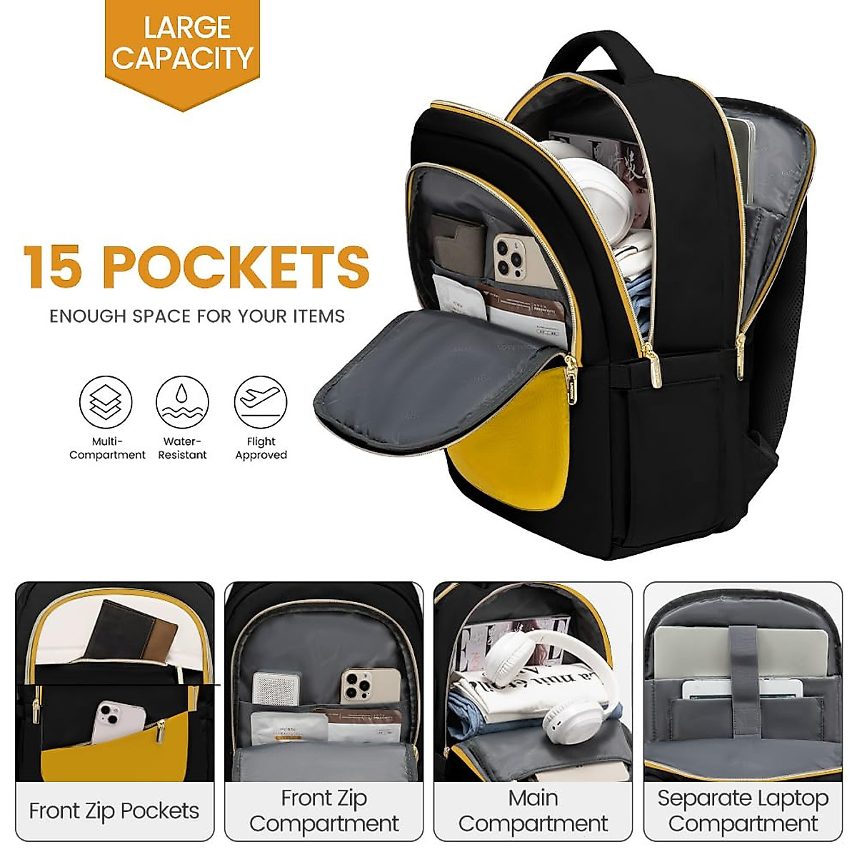 LOVEVOOK Laptop Backpack for Women,15.6 Inch Travel College Computer Back Pack,Work Backpacks with USB Port,Business Water Resistant Bag with Laptop Compartment for Teacher Nurse, Black-Yellow-White