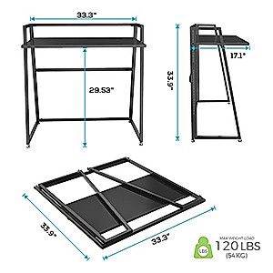 33 Inch Small Black Folding Computer Desk, Sturdy Heavy Duty Foldable Table for Small Spaces Home Office Bedroom Outdoor Work Study Writing Collapsible Portable with Metal Legs, EPA Certified