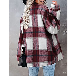 ZOLUCKY Women Flannel Shacket Plaid Button Down Shirt Lapel Collar Long Sleeve Oversized Blouse Top, Red and White Small