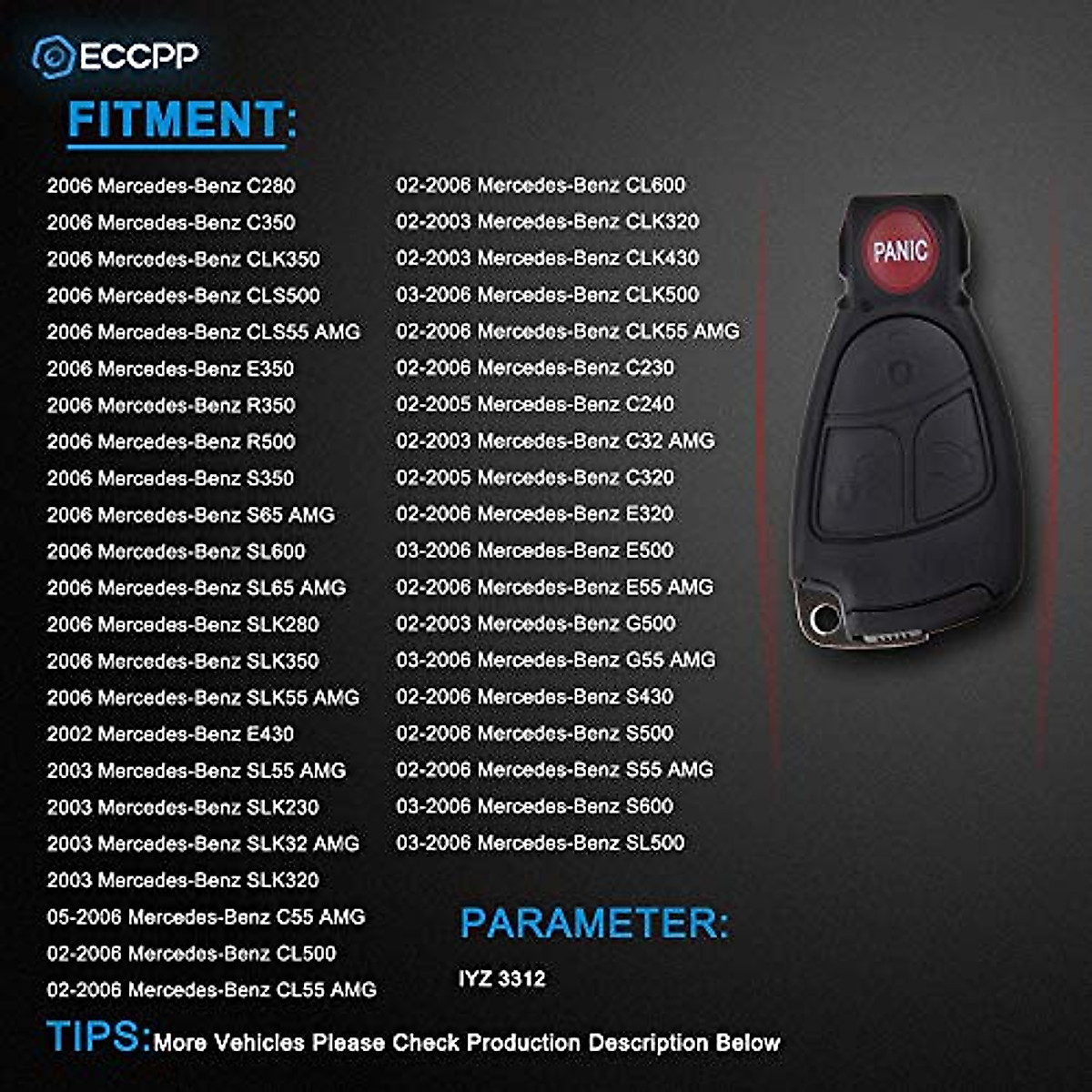 ECCPP IYZ 3312 Uncut Keyless Entry Remote Control Car Key Fob SHELL CASE Replacement for Mercedes-Benz C280 C350 CLK350 E350 S350 CLK500 G500 S600 SL500 IYZ 3312 (Pack of 1)