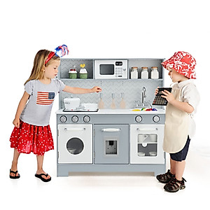 OLAKIDS Kids Kitchen Playset, Pretend Cooking Food Set for Toddlers with Real Light and Sound, Stove, Microwave, Sink, Water Dispenser, Large Storage Cabinet, Role Play Chefs Toy Gift for Boys Girls