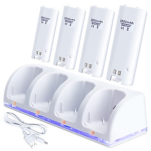 OSTENT Charger Dock Station + 4 Battery Packs for Nintendo Wii Remote Controller Color White