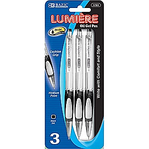 BAZIC Oil Gel Ink Retractable Pen Lumiere Black Color, 0.7 mm Medium Point Soft Grip Smooth Writing, for Office School (3/Pack), 1-Pack