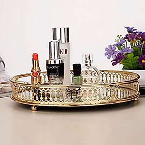 Hipiwe Mirror Vanity Tray - Round Metal Makeup Tray Jewelry Trinket Tray, Cosmetic Perfume Tray for Dresser Bathroom Bedroom Countertop Organizer Tray