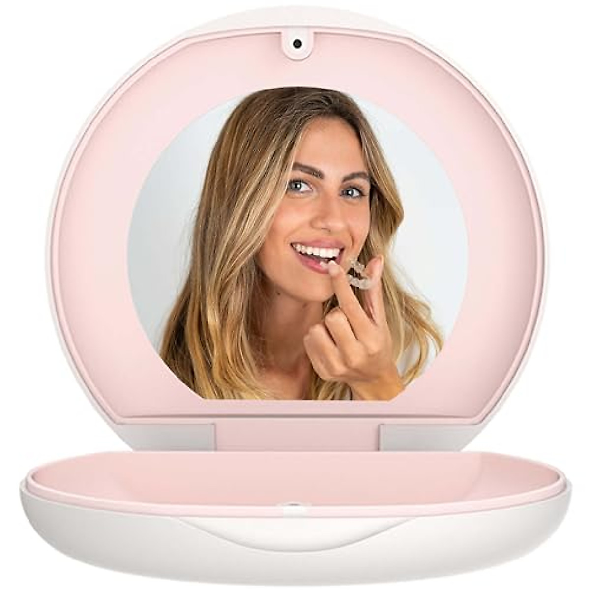 Retayn Aligner/Retainer Case with Built-In Mirror & Magnetic Lock - Premium Silicone-Lined Case Holder with Vent Holes for Aligners, Retainers, Mouth Guards (White & Blush)