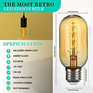 AMDTU Vintage LED Edison Bulb Super Thin Spiral Filament Non-dimmable, 25 Watt Tubular Incandescent Light Bulb Replacement Soft Warm 2200K, T45 Amber Glass Retro LED Bulb 4W, E26 Base 120V 4 Pack