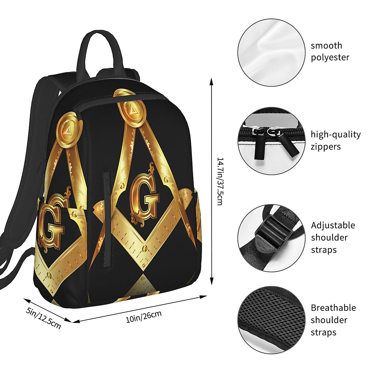 Cute Middle Backpack for Men Women, Lightweight Laptop Backpack Compatible with Gold Freemason Freemasonry Masonic Large Capacity Bookbag for Pencil Box Textbook Bottles