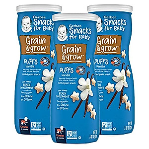 Gerber Snacks for Baby Grain & Grow Puffs, Vanilla, Puffed Grain Snack for Crawlers, Non-GMO Baby Snack, Baby-Led Friendly, 1.48-Ounce Canister (Pack of 3)