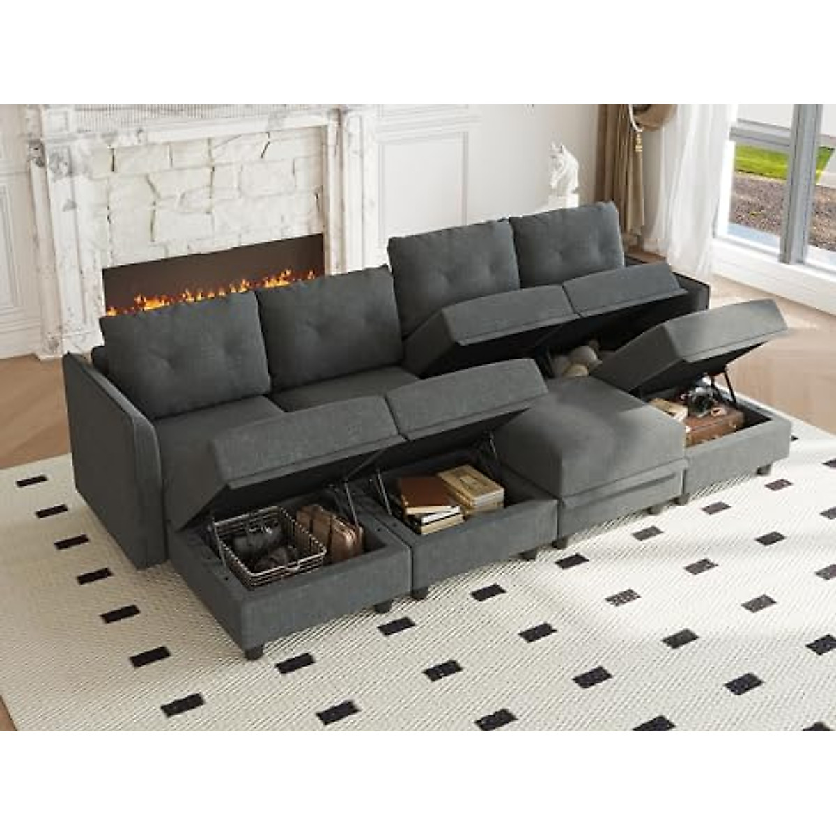 LLappuil Modular Sofa Sectional Sleeper Couch with Reversible Chaise, Oversized 8 Seater Storage Sectionals with Ottoman, Black