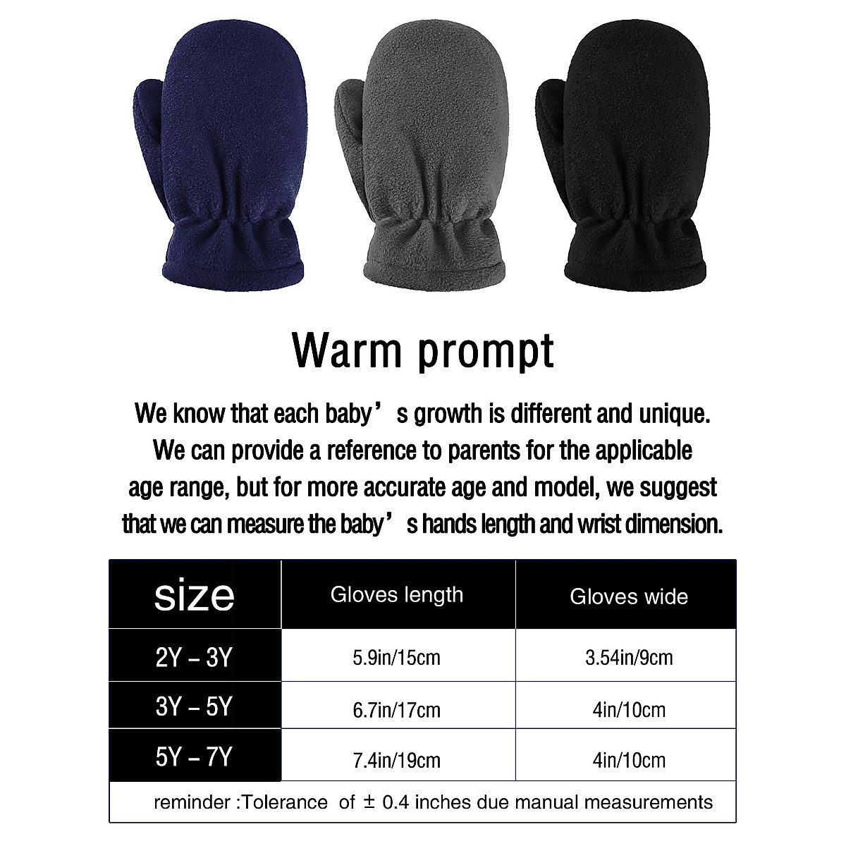 3 Pairs Baby and Toddler Winter Mittens Newborn Infant Fleece Warm Mittens Snow Gloves for Baby Boy and Girl (Black, Grey, Navy Blue, 5-7 Years)