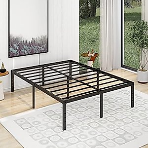 alazyhome 18 Inch Metal Queen Size Bed Frame Heavy Duty Platform Noise Free Steel Slat Support Easy Assembly Noise Free No Box Spring Required Black