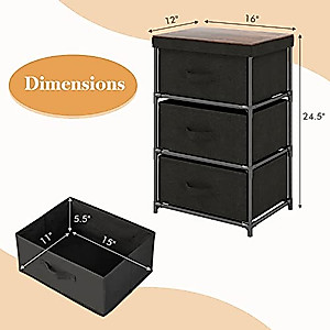 Giantex Nightstand with 3 Fabric Drawers, 24.5" Tall Bedside Table with Removable Lid for Bedroom, Study, Storage Dresser Organizer, Easy Assembly, Black and Rustic Brown