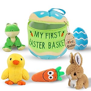 Bunny Chorus Baby's First Easter Basket Playset 6ct, Egg-shaped Basket with Embroidered 'Baby's First Easter', Stuffed Plush Bunny Chick Carrot Frog Egg for Kids Baby Girls Boys, Easter Stuffers Gifts