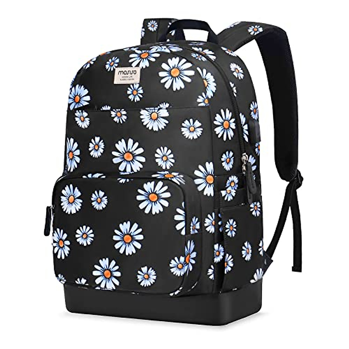 MOSISO 15.6-16 inch 20L Laptop Backpack for Women Girls, Polyester Anti-Theft Stylish Casual Daypack Bag with Luggage Strap & USB Charging Port, Camomile Travel Business College School Bookbag, Black