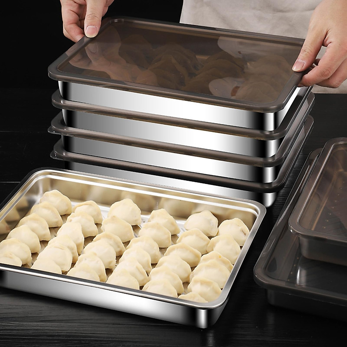 Dumpling Storage Box, Stainless Steel Dumpling Organizer Food Storage Containers Stainless Steel Food Tray with Lid, Dumpling Freezer Organizer for Kitchen and Fridge
