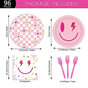 96 Pieces Preppy Birthday Tableware Set Smile Face Party Decorations for Girls Pink Preppy Smile Dessert Plates Napkins Forks for 24 Guests Bachelorette Baby Shower Supplies