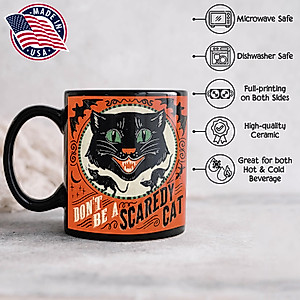 Vintage Halloween Scaredy Cat Spooky Cups - Jack o Lantern Pumpkins Halloween Coffee Mugs - Trick or Treat Retro Halloween Mug Set - Witch Gifts For Women Sister Friends (11 Oz, Black Cat)