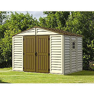 Duramax 0638801402145 Woodbridge Plus 10.5 x 8 Plastic Garden Shed with Foundation Kit & Fixed Window Brown-15 Years Warranty, 10x8, Brown & Ivory