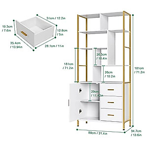 finetones Gold Bookshelf with 3 Drawers, 71.2” Tall Bookshelf White and Gold Bookshelf with Sturdy Metal Frame, Gold Shelf Etagere Standard Book Shelf Display Shelf for Home Office